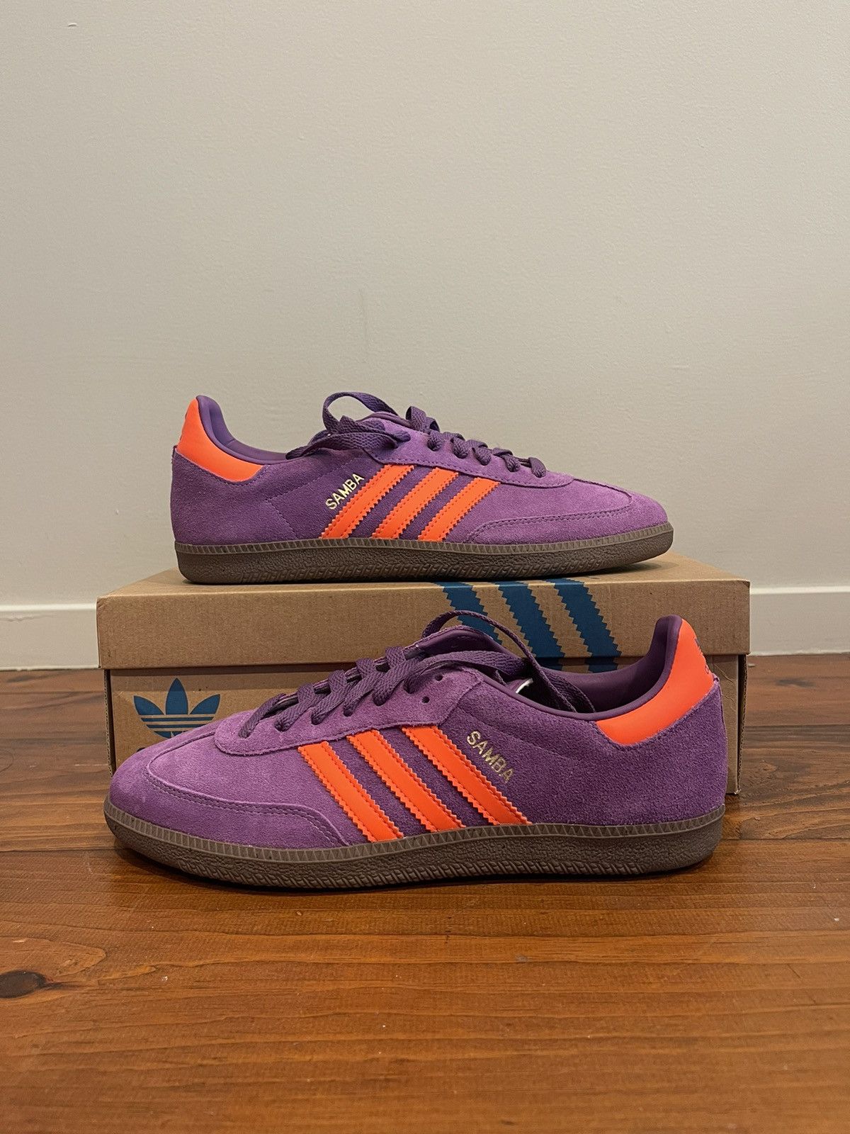 Adidas Vintage 2000s purple Adidas Samba w/red stripes | Grailed