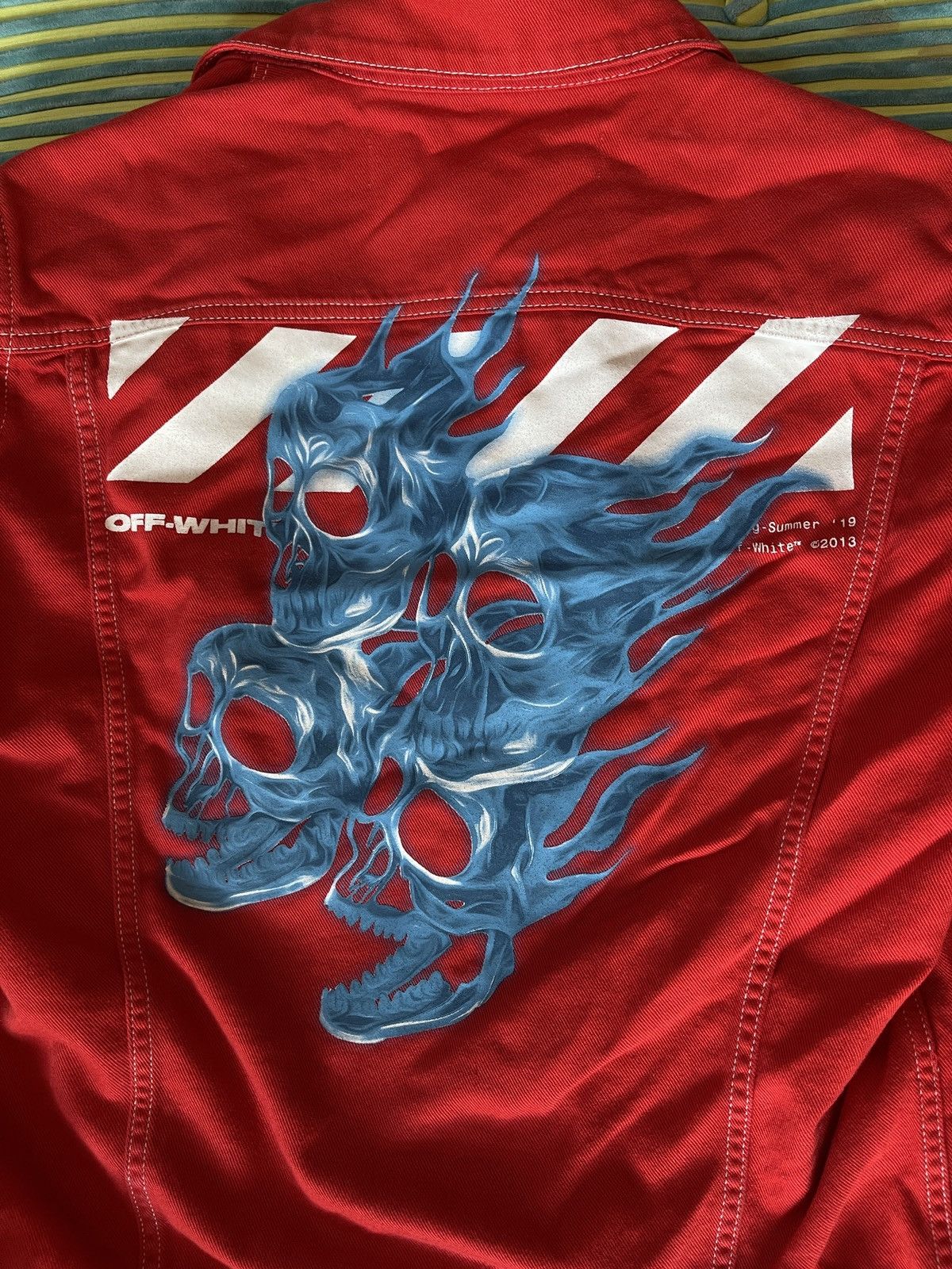Off-White SS19 Off White Blue Skulls Graphic Print Denim Jacket | Grailed