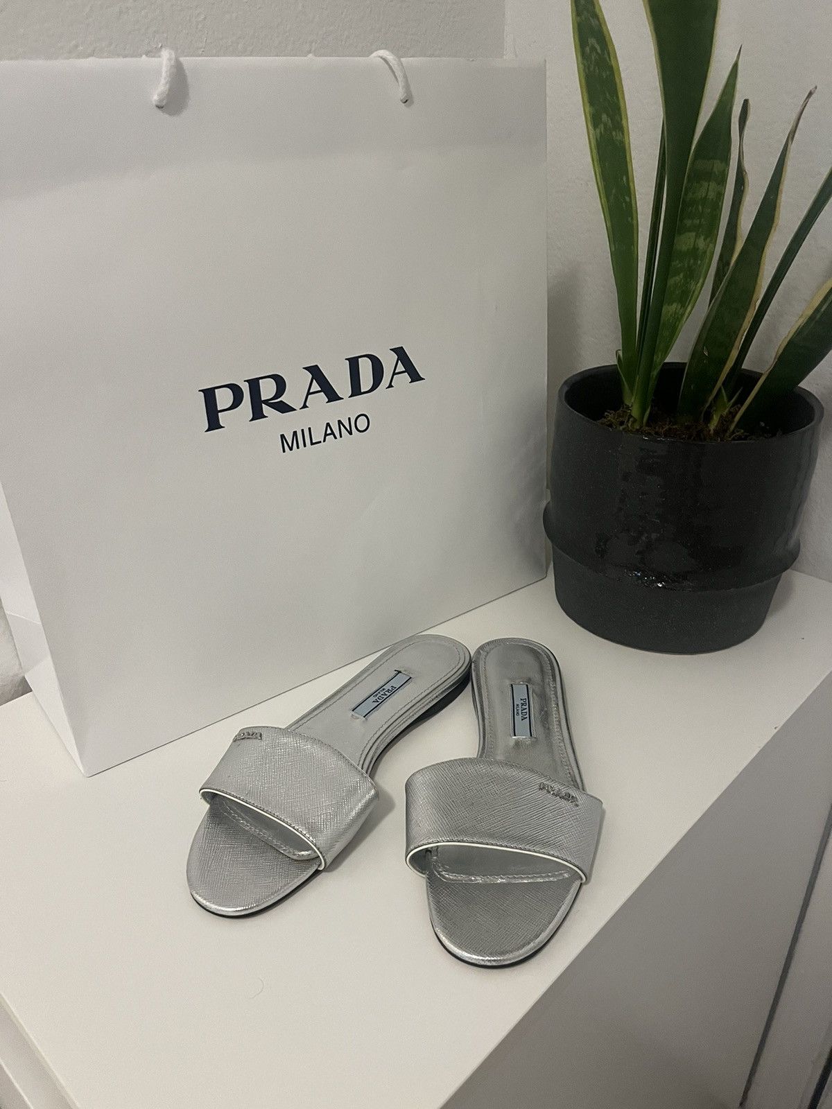 Prada Prada Silver Saffiano Metal Leather Logo Detail Slide Flats | Grailed