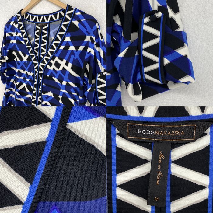 Vintage BCBG MAX AZRIA Dress M V-Neck Shift Geometric Print Jersey Roll Tab Sleeve Blue | Grailed