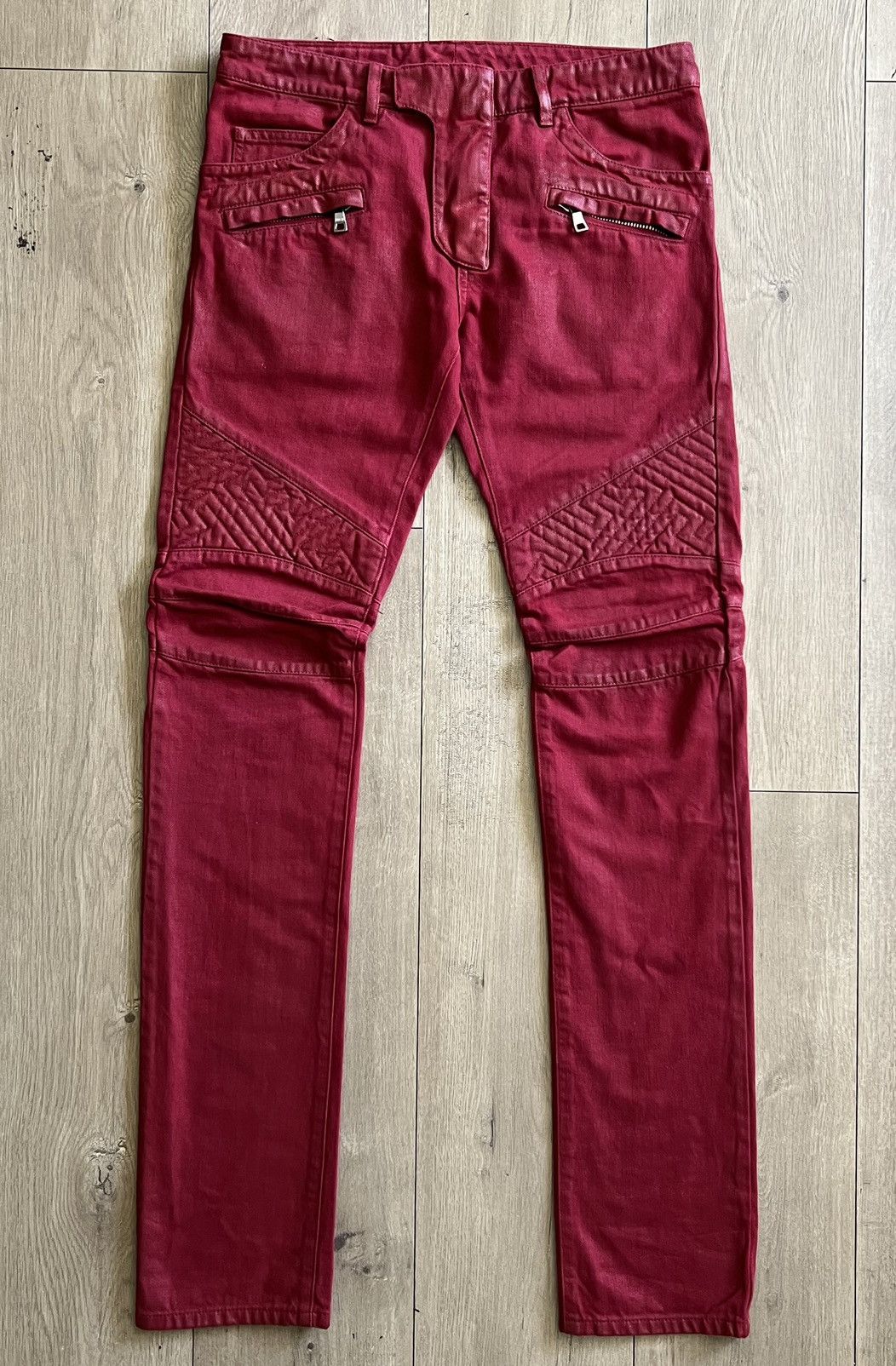 Balmain Balmain Red Waxed Rare Runway Biker Denim | Grailed
