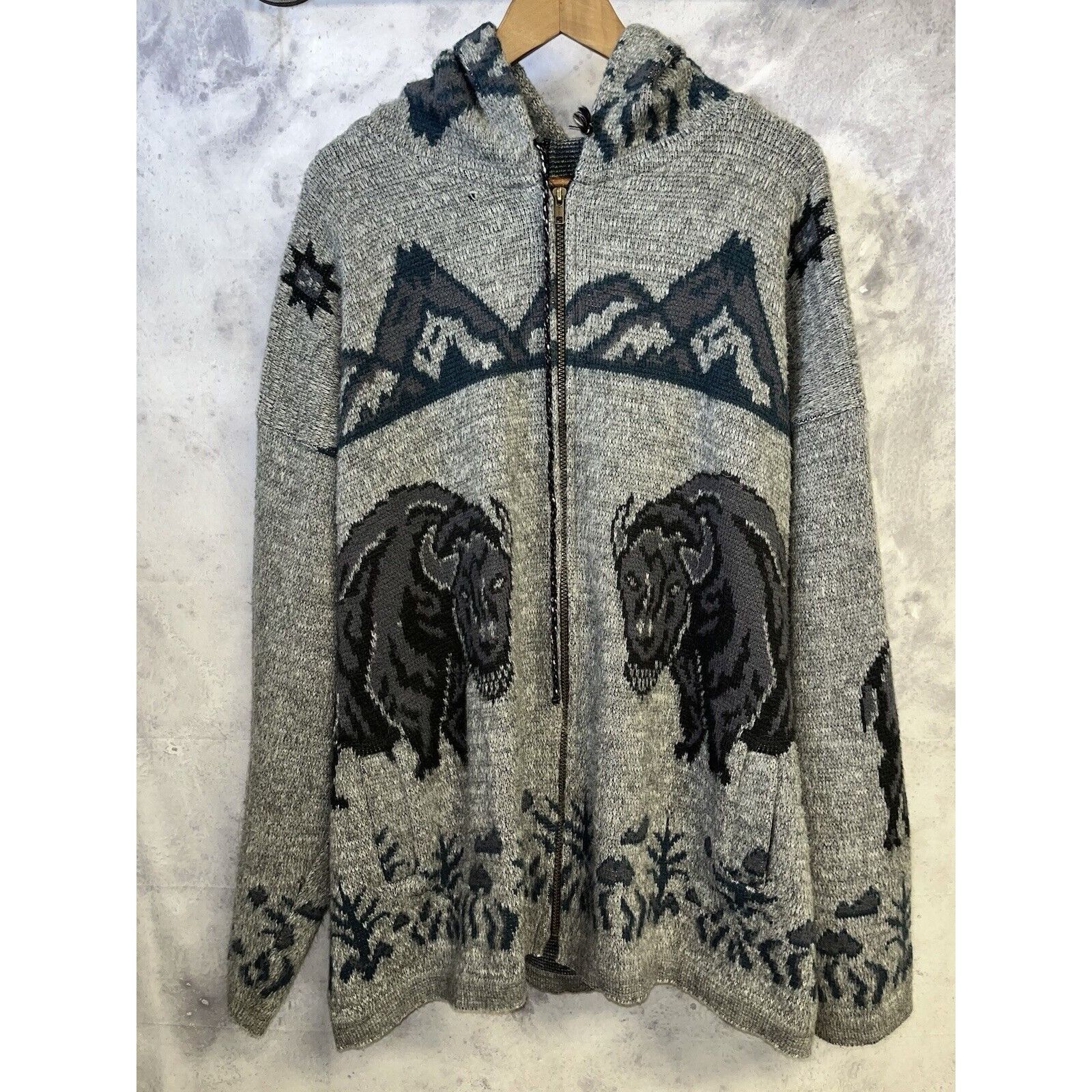 Vintage Bison Animal Print Hooded Jacket Woven Full Zip Gray Nature ...