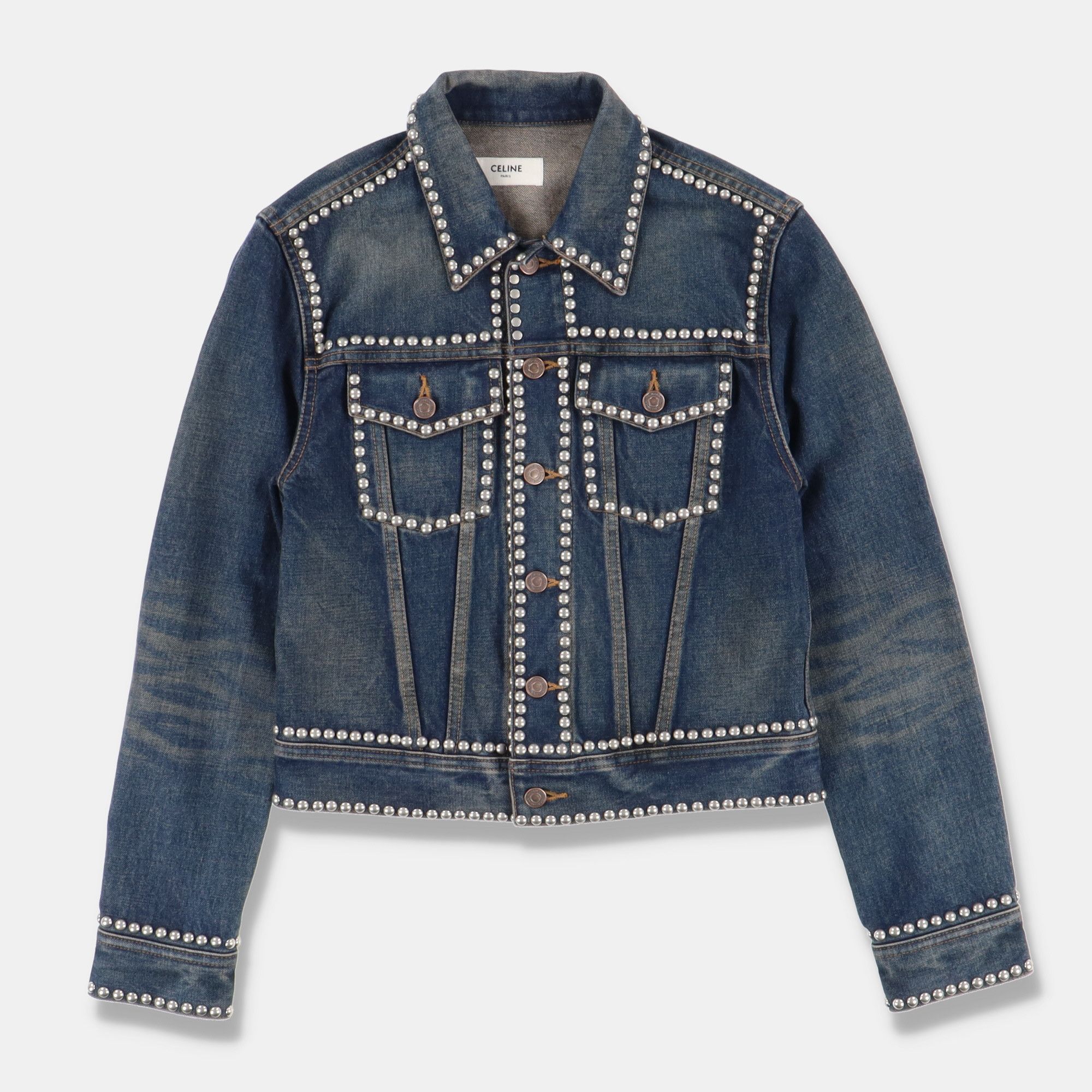 Celine × Hedi Slimane Studded Indigo Stonewashed Rigid Denim Jacket ...