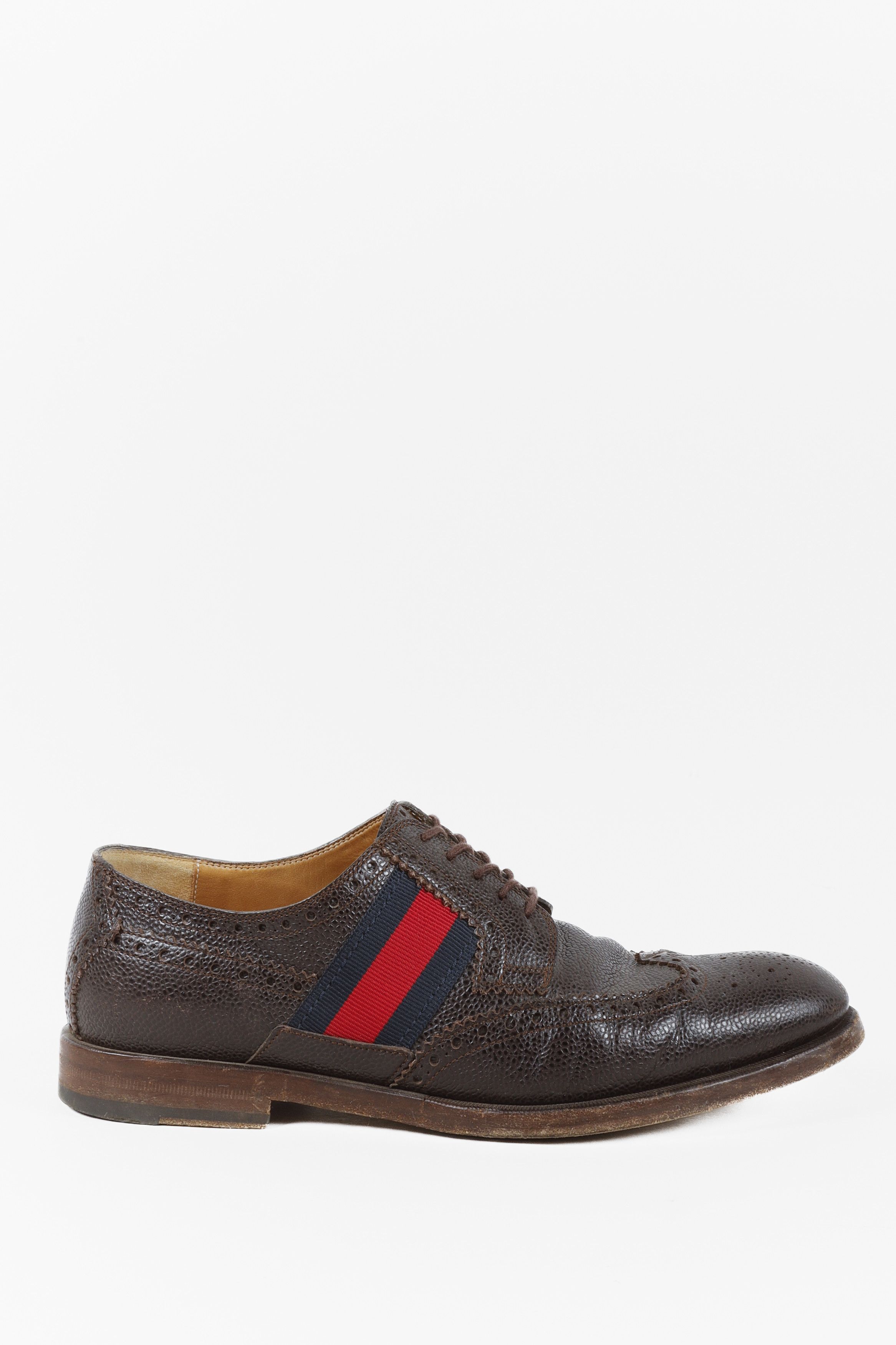 Gucci Gucci Men's Espresso Pebbled Leather Brogue Web Derby Shoes | Grailed