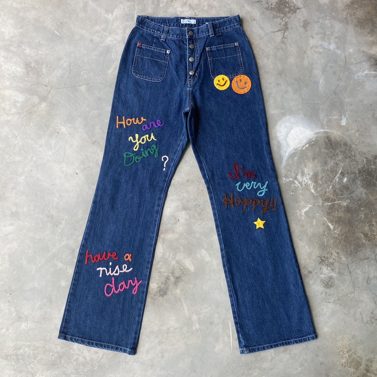 Hysteric Glamour Angle blue bush pants embroidery patchwork smiley ...