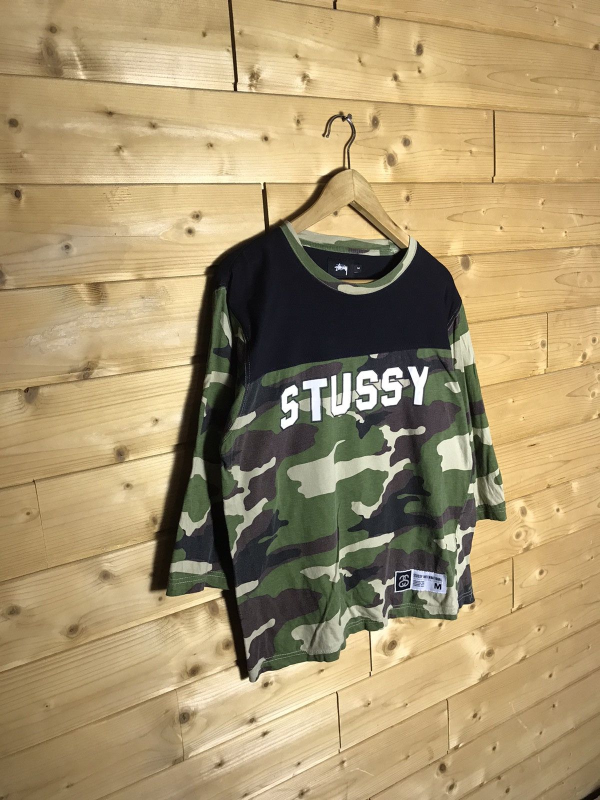 Streetwear × Stussy × Vintage Stussy big logo 3/4 half sleeve camo shirt | Grailed