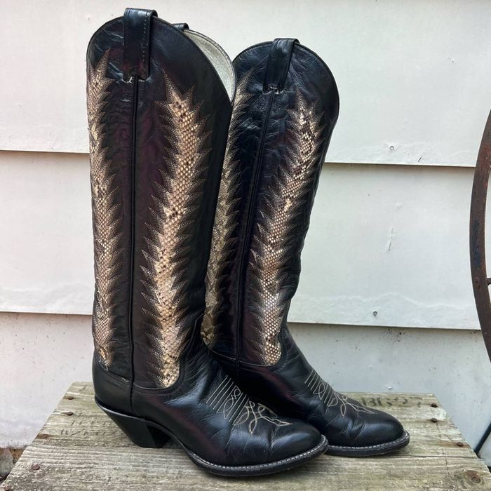 Larry Mahan Texas Larry Mahan Black Snakeskin Knee High Cowgirl Boots ...