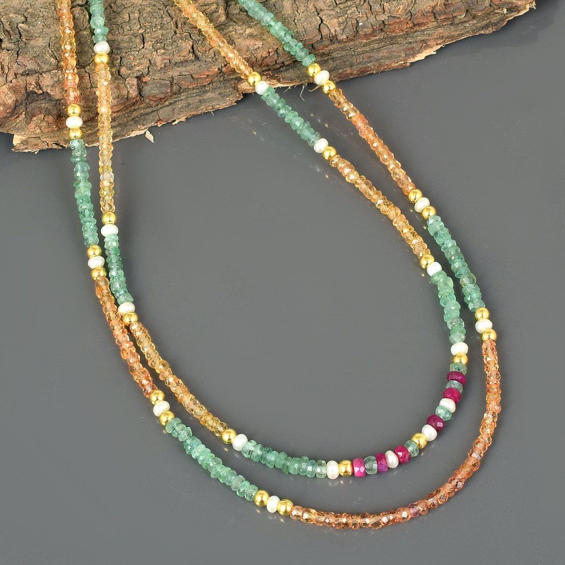 Handmade Natural Imperial Topaz, Emerald, Ruby ,Pearl Necklaces | Grailed
