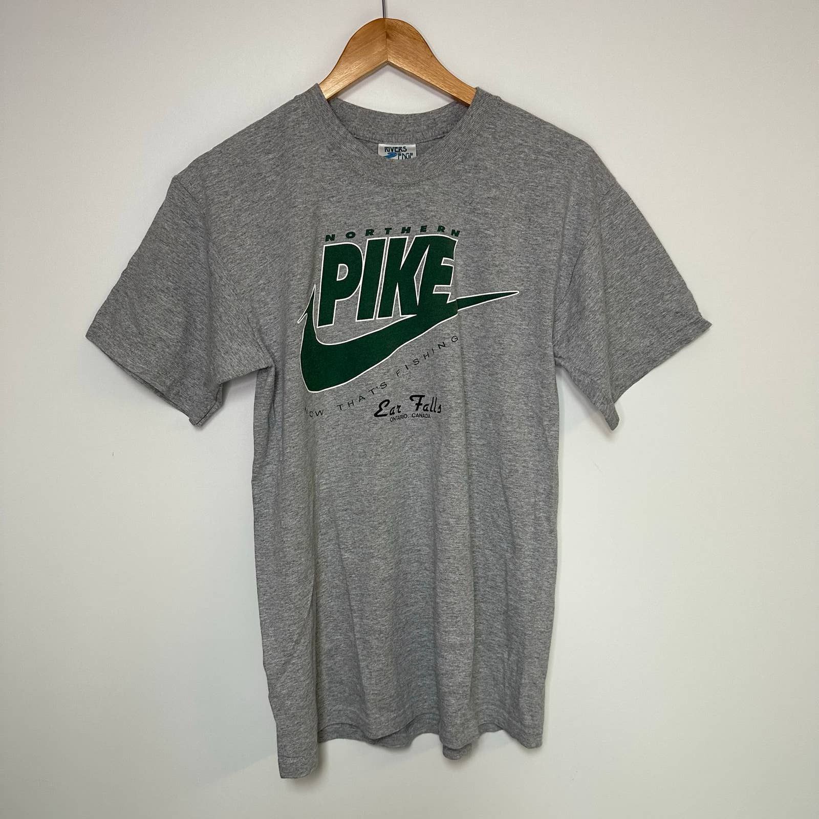 Vintage Vintage Fishing Shirt 90s Fish T-Shirt Nike Swoosh Gray Pike ...
