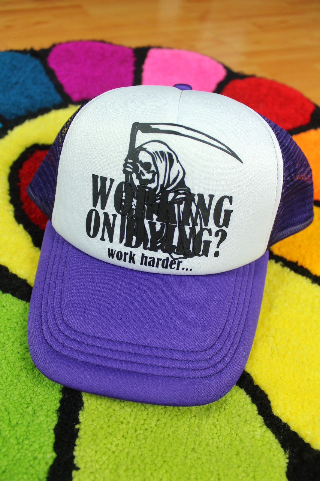 Streetwear × Trucker Hat × Vintage Working On Dying Skeleton Trucker ...