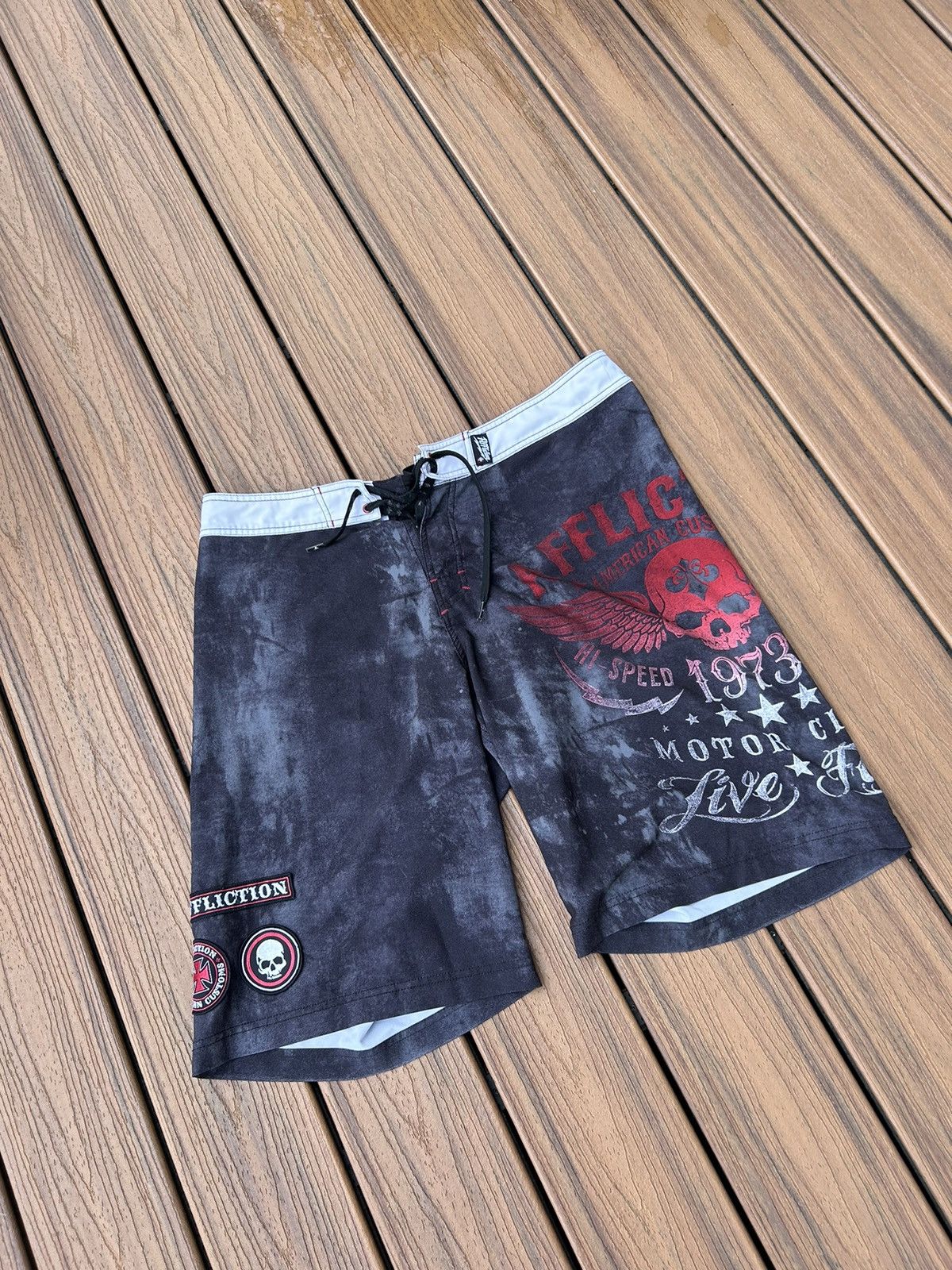 Affliction Black and Red Affliction Baggy Skate Shorts Swim Trunks ...