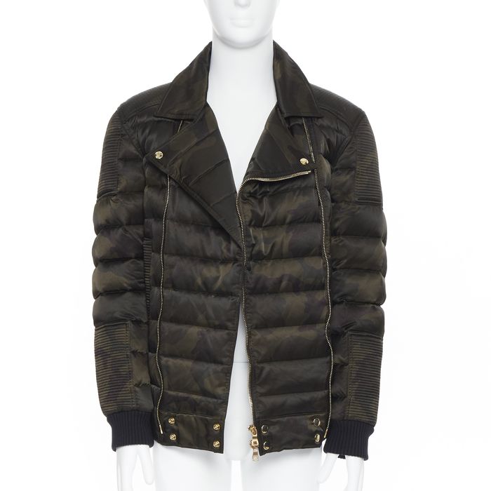 Balmain new BALMAIN green camouflage gold-tone double zip down puffer ...