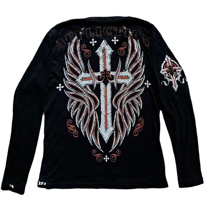 Affliction AFFLICTION FLEUR DE LIS CROSS & ANGEL WINGS LONG SLEEVE SHIR ...