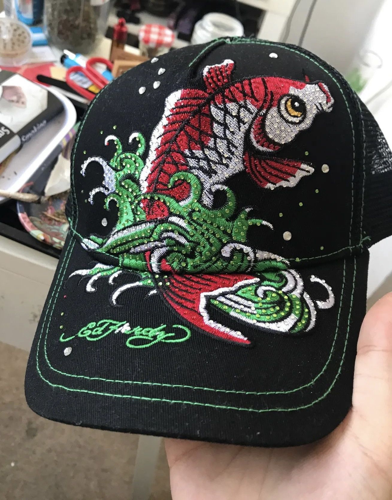 Ed Hardy Ed Hardy big embroidery fish 🐟 rare logo sequins algae hat ...