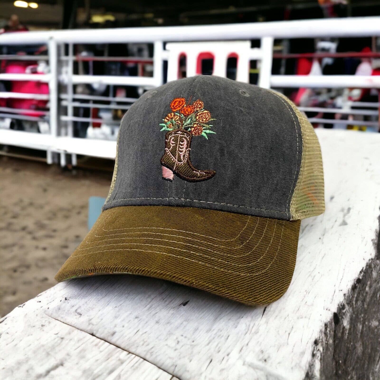 Trucker Hat Boots Flower Bouquet Ponytail Hole Snapback Trucker Hat ...