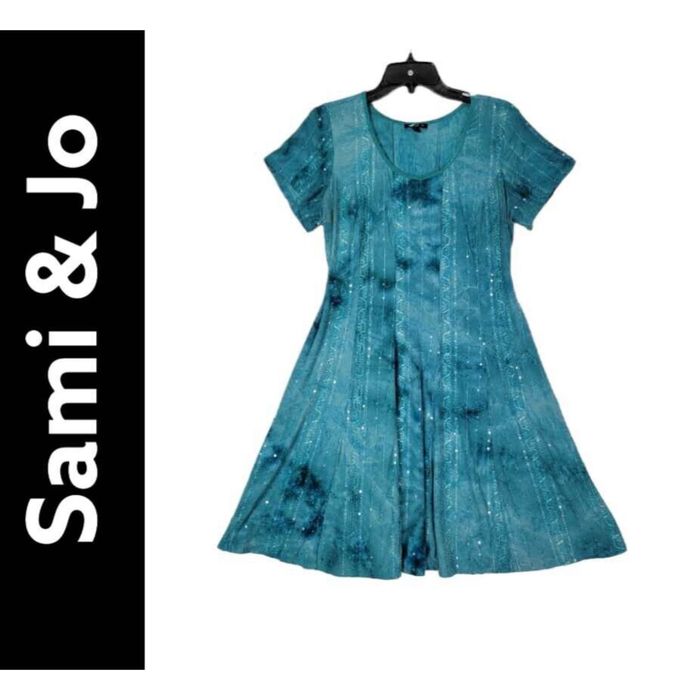 Vintage Sami & Jo Woman Plus Size 1X Blue Dress Trapezed Stretch ...