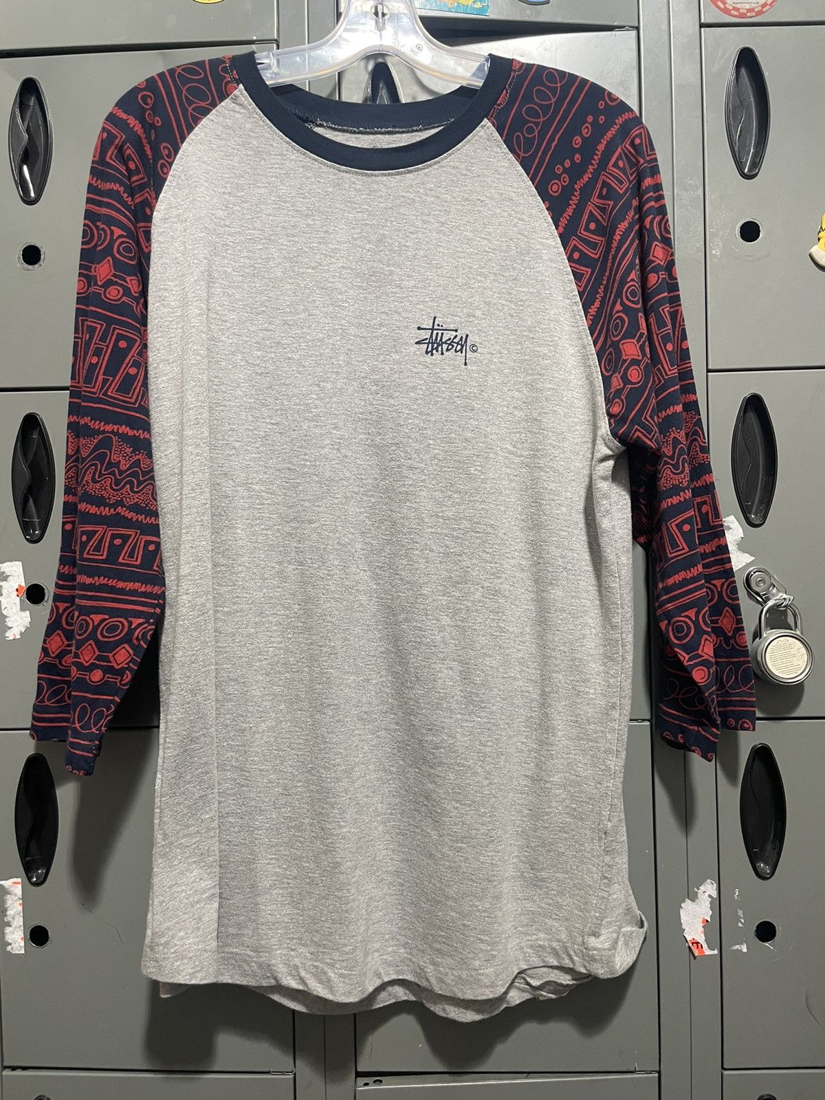 Streetwear × Stussy × Vintage Stussy raglan 3/4 sleeve grey pattern art ...