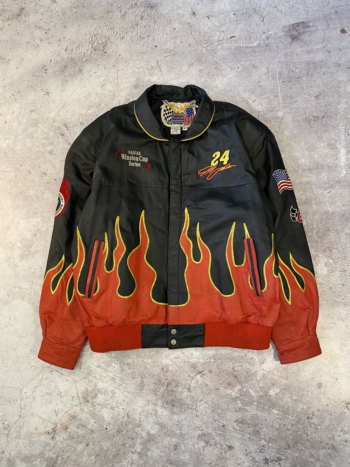 Jeff Hamilton Y2K “Jeff Gordon 2001” Flame Leather Racing Bomber Jacket ...