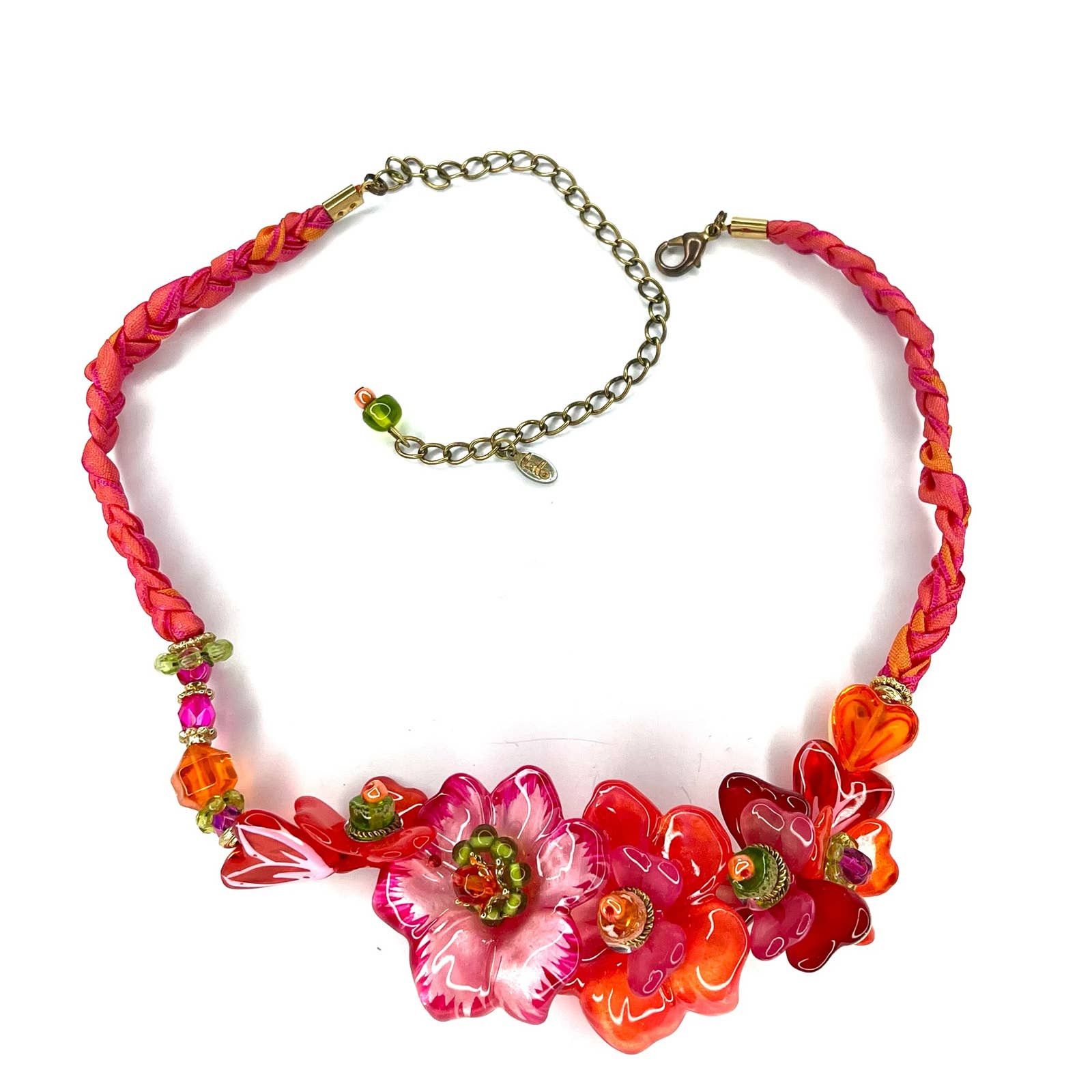 Vintage Lalo FLOWER NECKLACE Resin Art Choker 23" Braided Silk Pink ...
