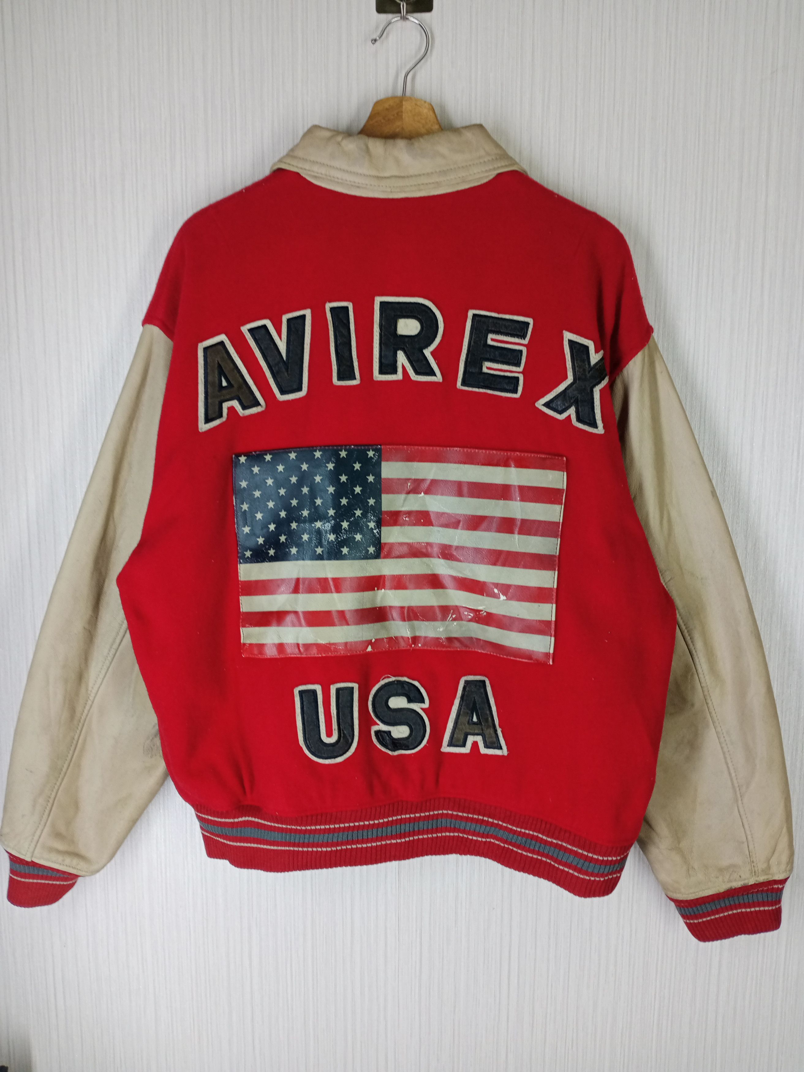 Avirex × Avirex Varsity Jacket × Vintage VINTAGE AVIREX USA BIG FLAG LEATHER VARSITY JACKET ...