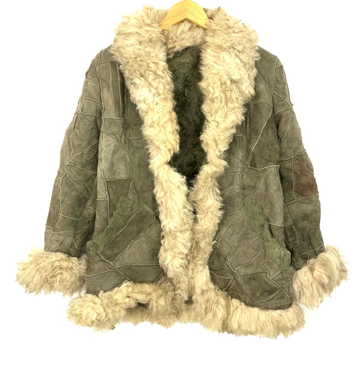 Genuine Leather Vintage Leather Patchwork Boro Faux Fur Trim Jacket ...