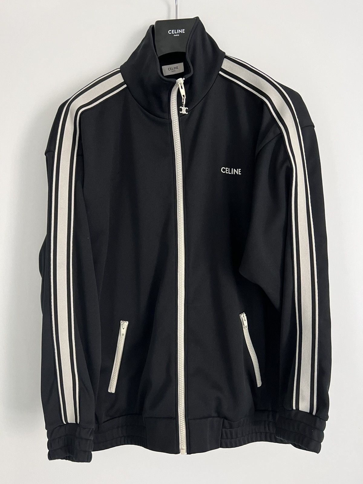 Celine Celine logo embroidered black/white taped track jacket | Grailed