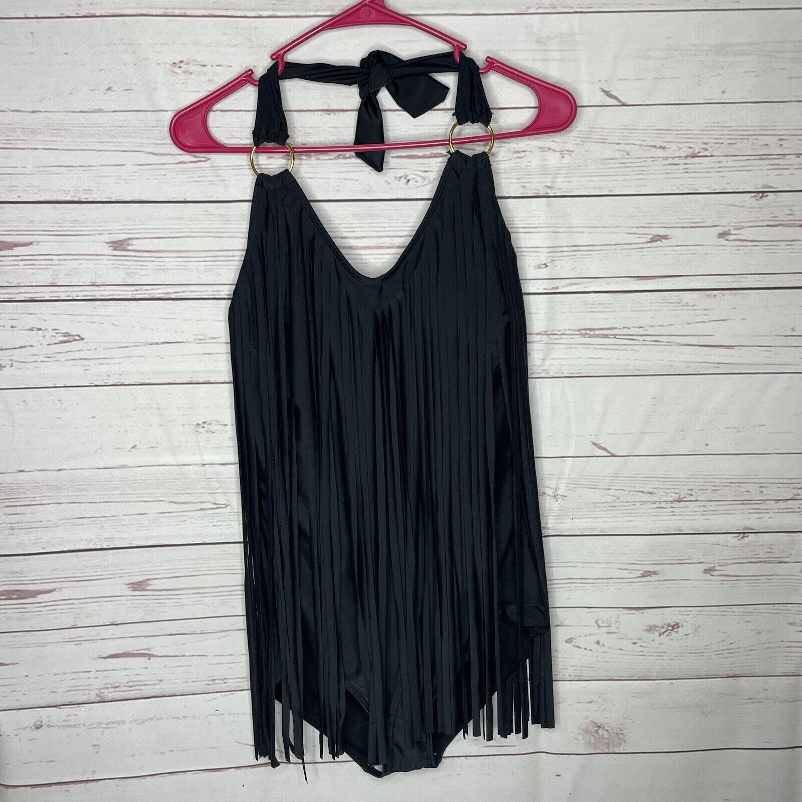 Vintage One Piece Black w/ long Fringe in front Bathing Suit Sz 18/20 ...