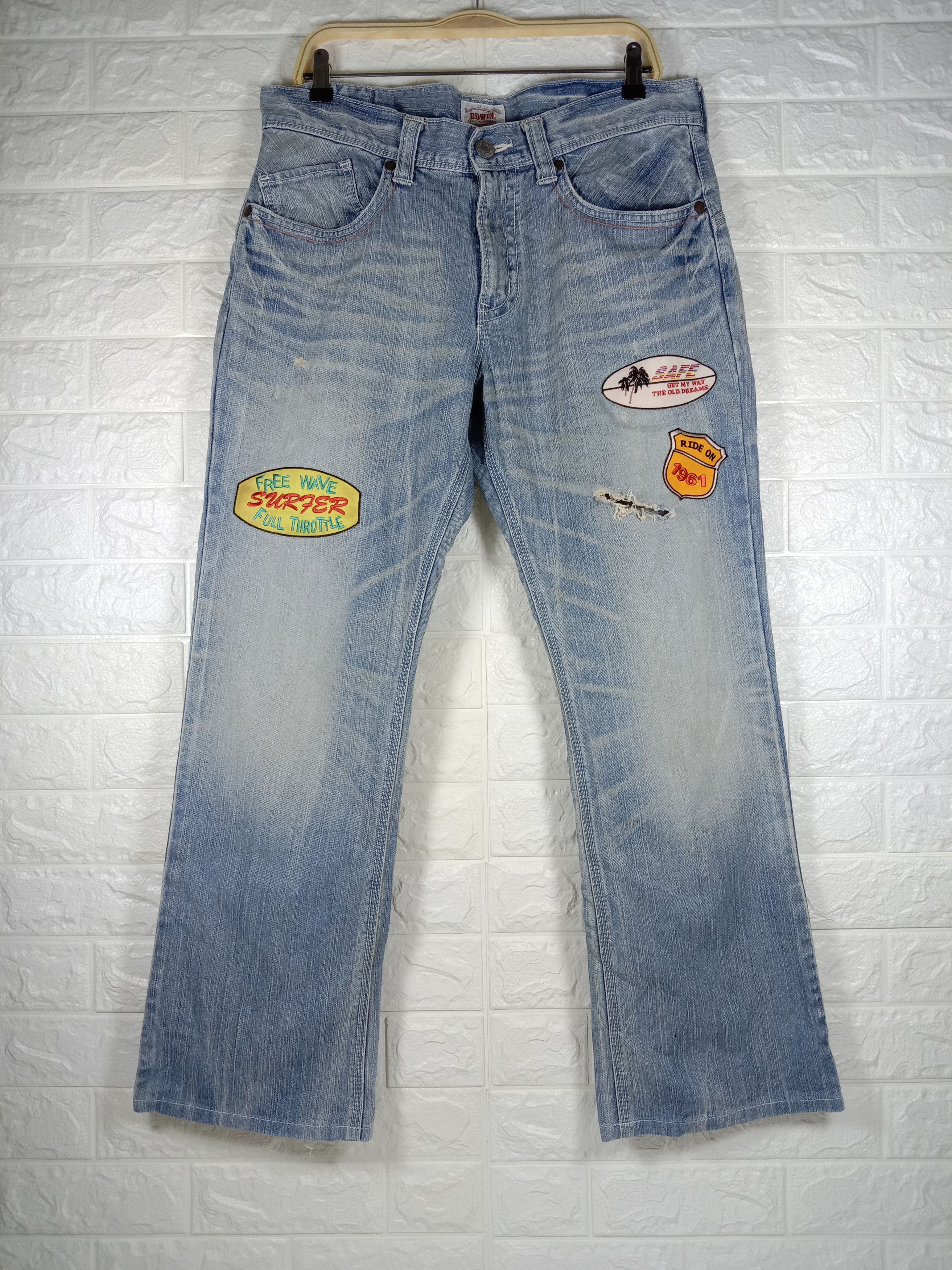 Edwin Vintage Edwin XV Distressed Buckle Back Patched Flare Jeans | Grailed