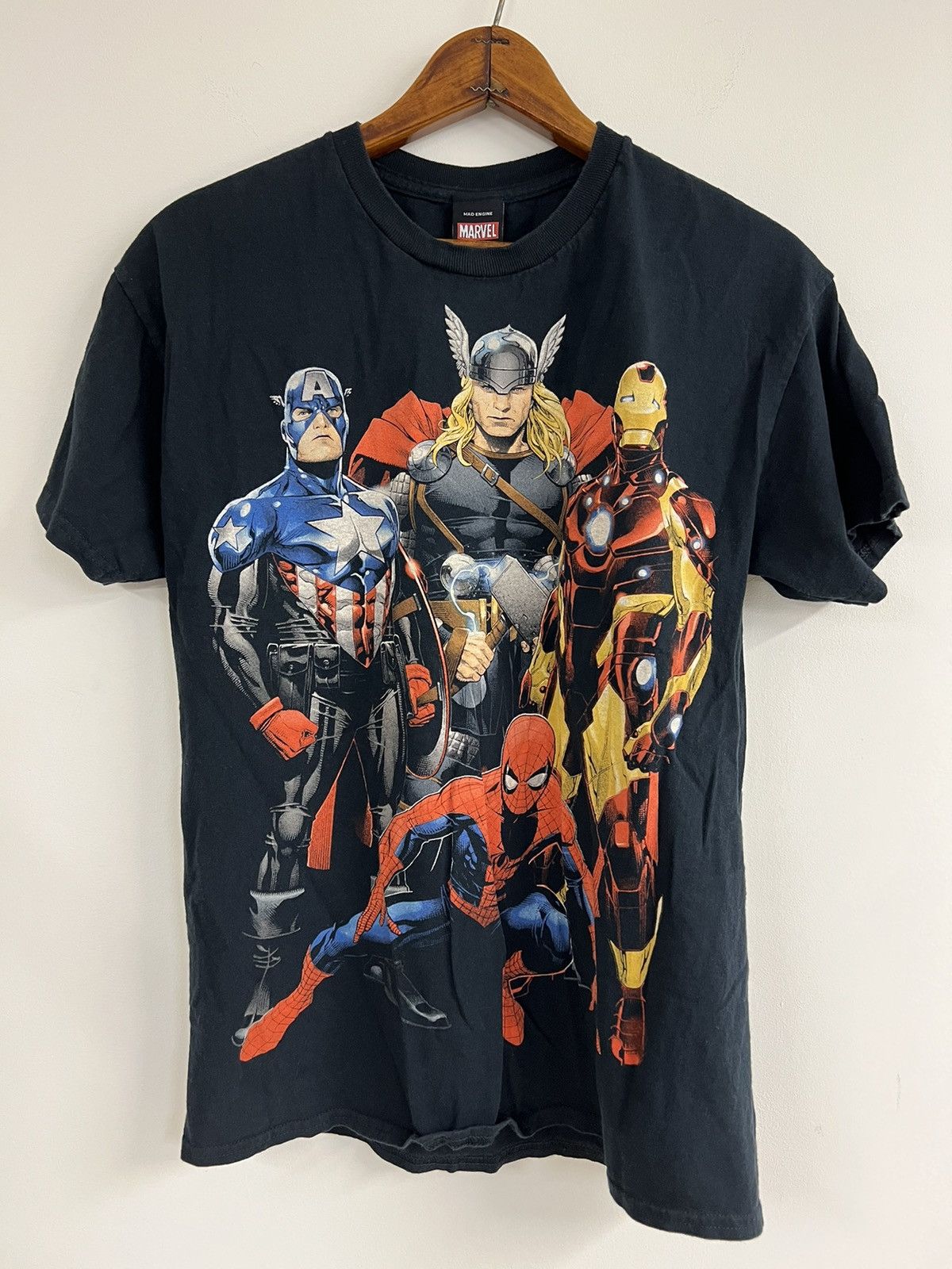 Marvel Comics Marvel Mad Engine Spider-Man Thor Iron Man Cap Tee Medium ...