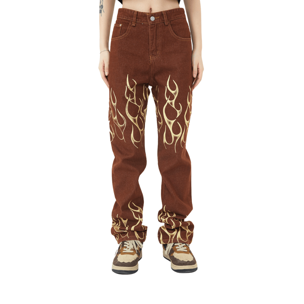 Jean × Streetwear Brown Fire Flame Graphic Denim Jeans | Grailed