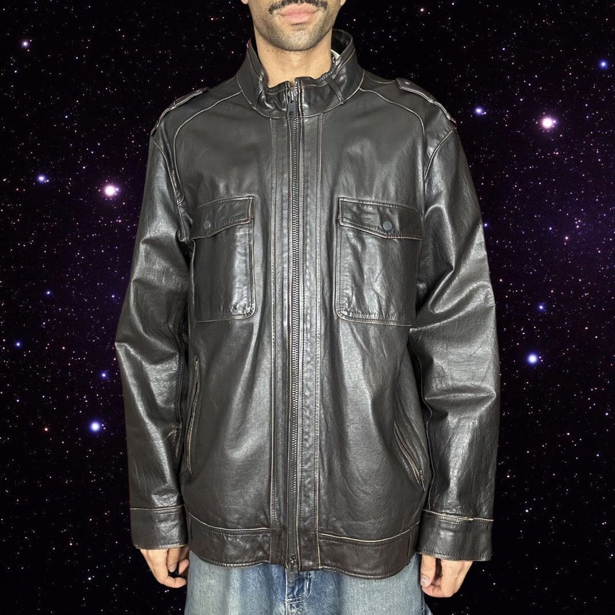 Leather Jacket × Rare × Vintage VINTAGE BLACK RIVET BROWN LEATHER BIKER ...