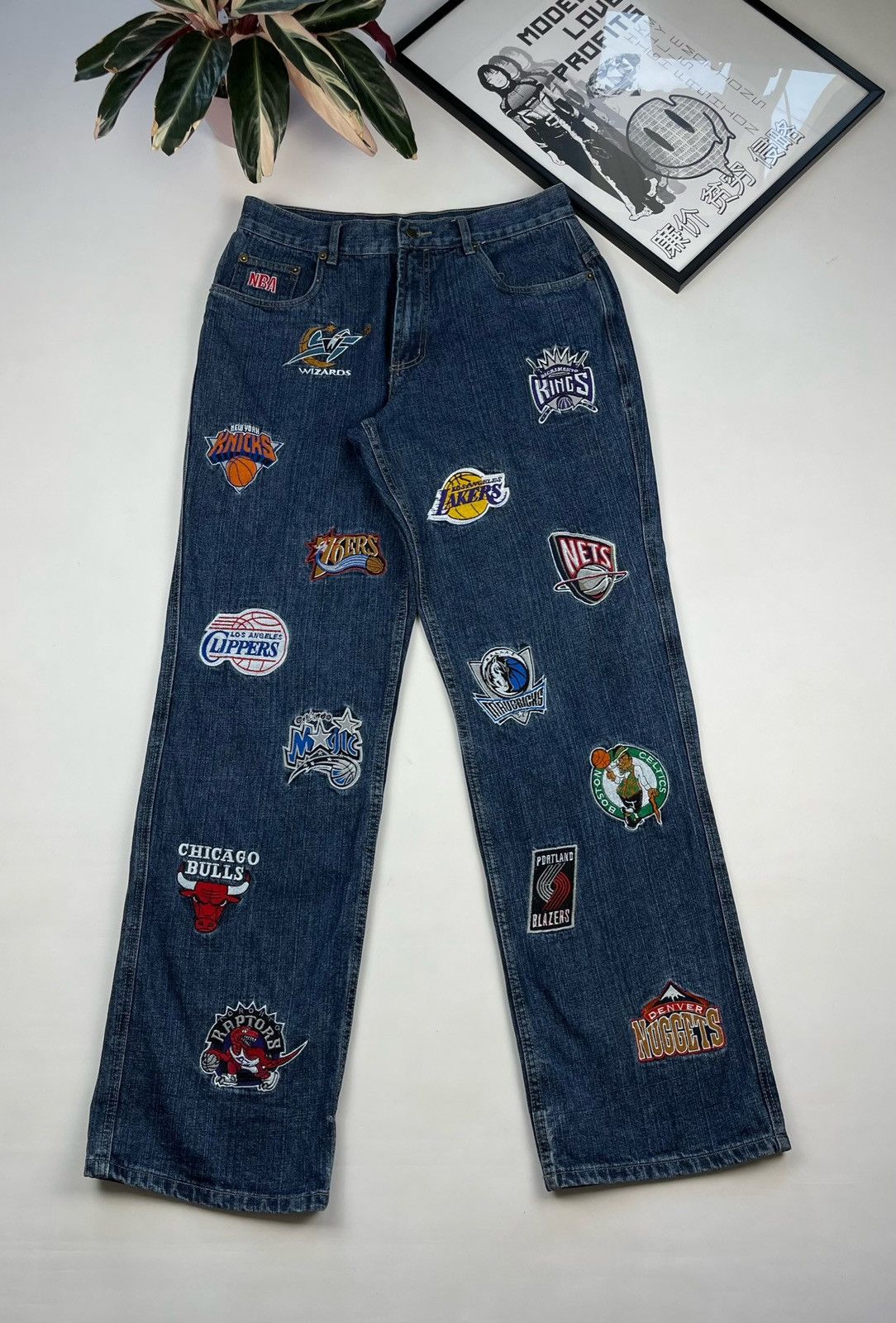 NBA × Vintage NBA x UNK VINTAGE EMBROIDERED TEAMS BLUE DENIM JEANS ...