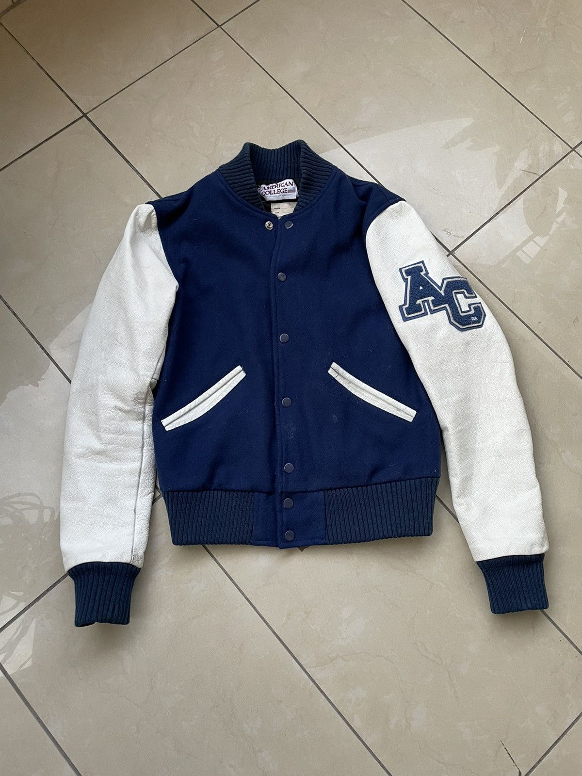 American College × Varsity Jacket × Vintage Vintage Varsity Jacket Navy ...