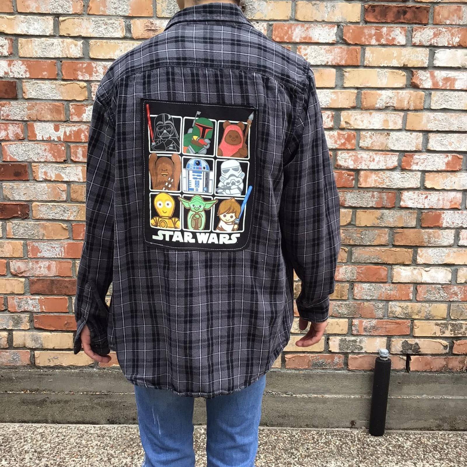 Star Wars Upcycled Star Wars Flannel Faded Glory R2-D2 Boba Fett Black ...