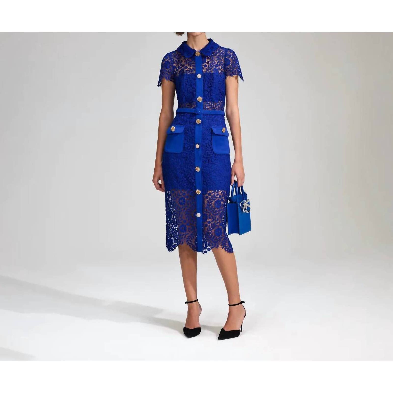 Self-Portrait Rose Lace Button Midi Dress In Cobalt | Grailed