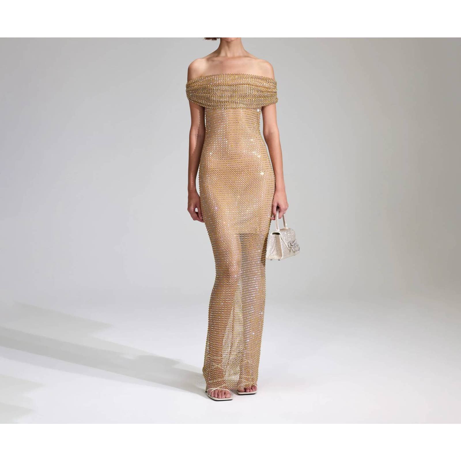 Self-Portrait Rhinestone Off Shoulder Fishnet Maxi Dress In Nude | Grailed