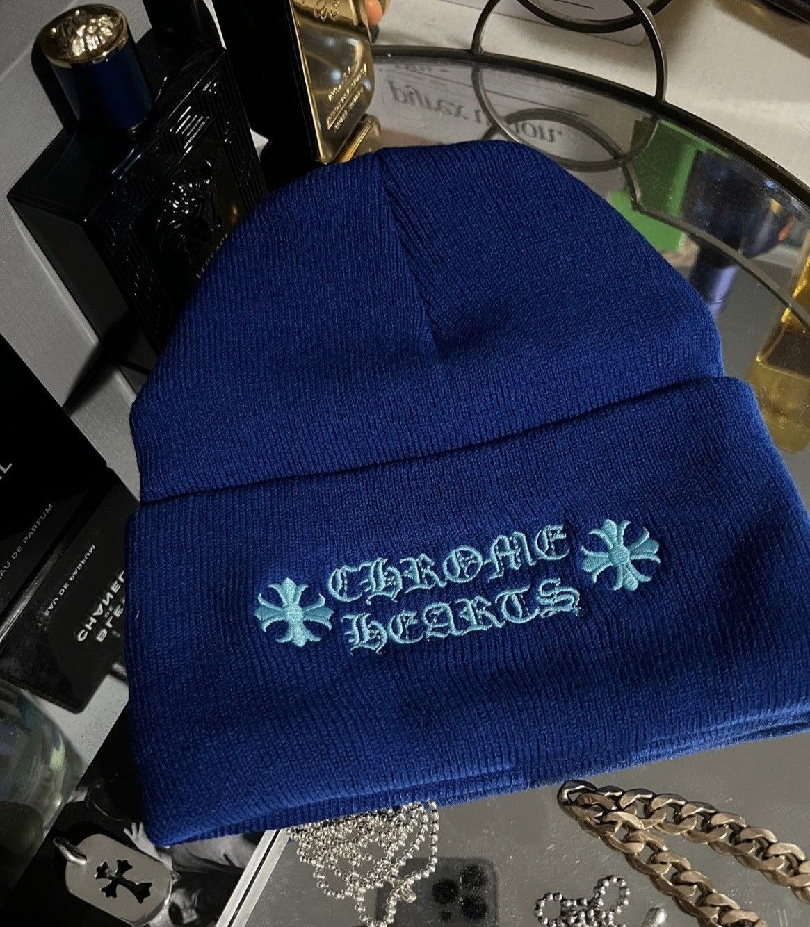Chrome Hearts Chrome Hearts Logo Beanie Blue | Grailed