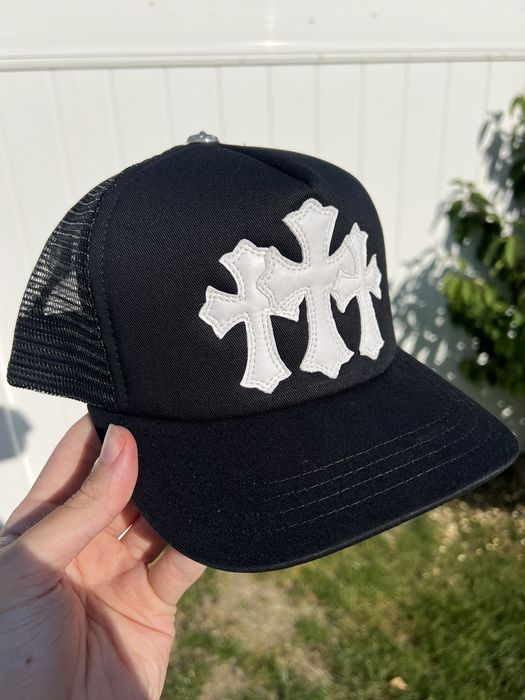 Chrome Hearts Chrome Hearts Triple Cross White Leather Trucker Hat ...