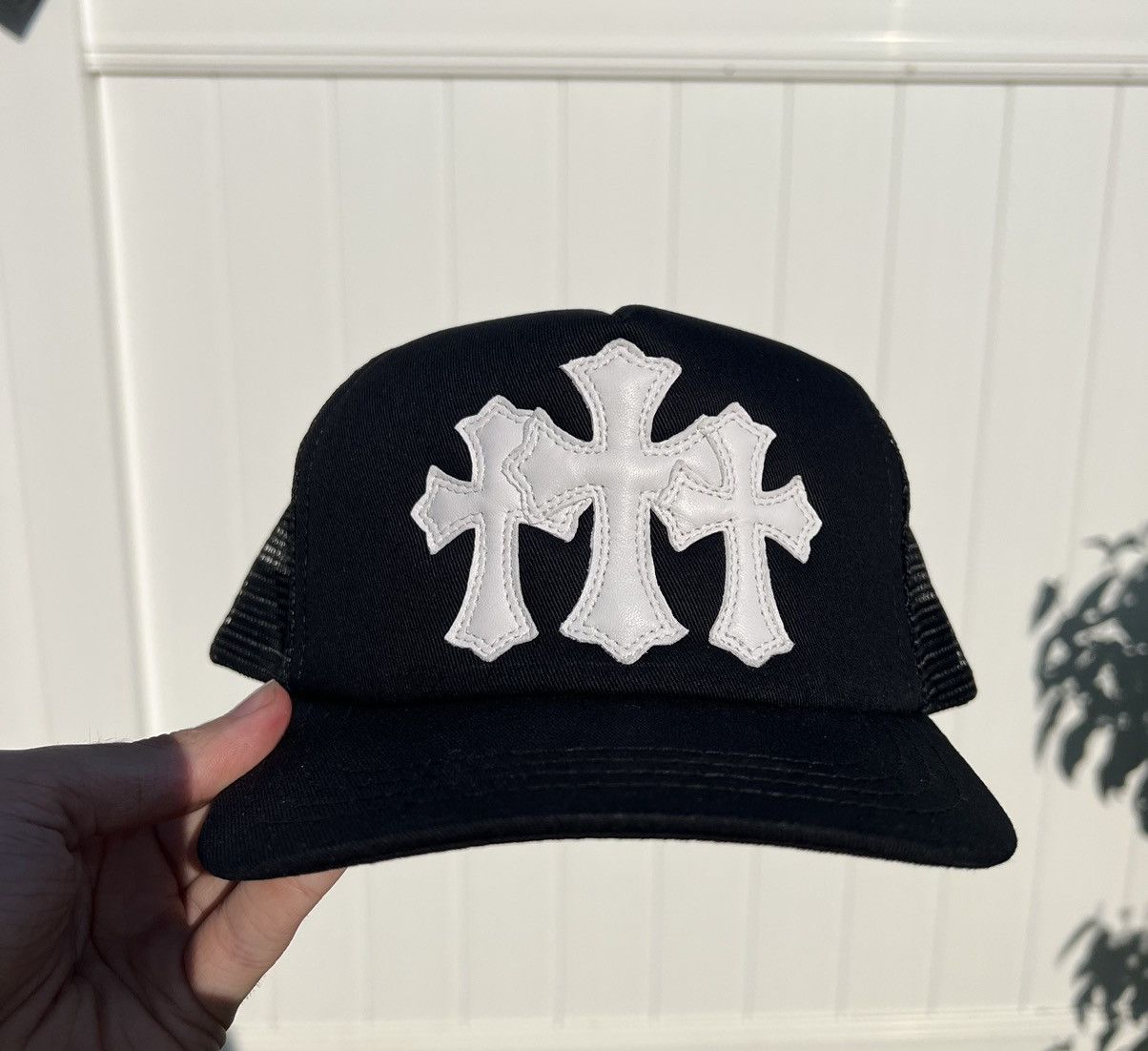 Chrome Hearts Chrome Hearts Triple Cross White Leather Trucker Hat ...
