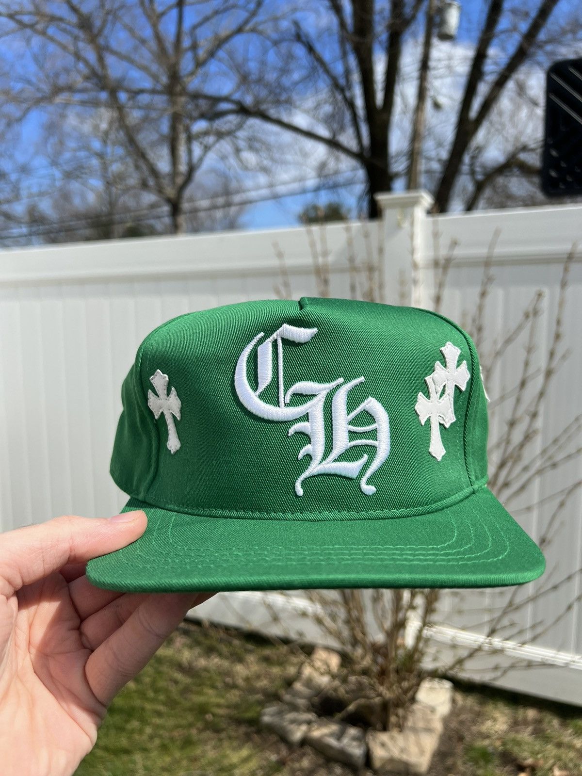 Chrome Hearts Chrome Hearts Green Leather Cross Patch Hat | Grailed