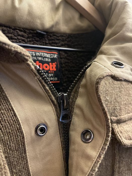 Vintage SCHOTT NYC MILITARY GREEN WOOL BLEND BOMBER SWEATER JACKET S ...