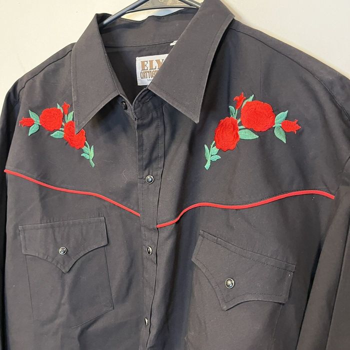 Vintage VTG Ely Cattleman Shirt Pearl Snap Black Embroidered Red | Grailed