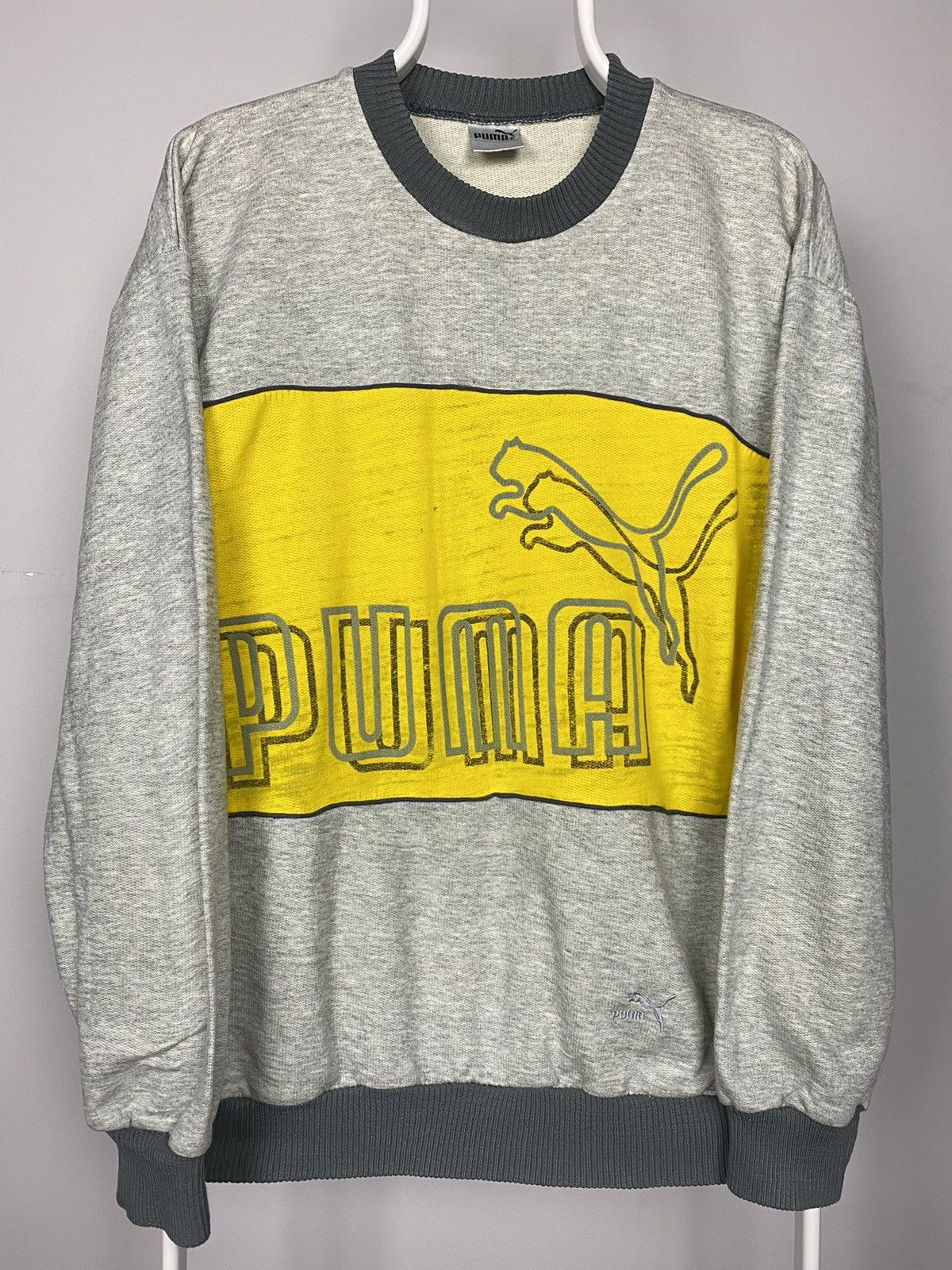 Puma × Vintage Puma vintage big 3D logo sweatshirt 80s yellow grey ...