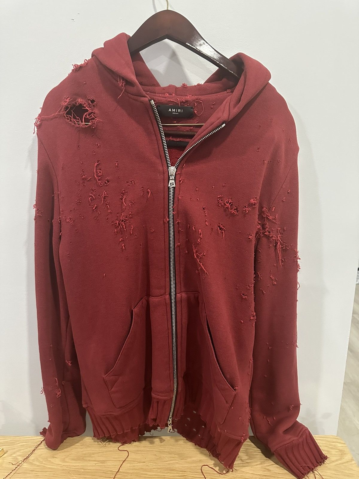 Amiri Red Amiri distressed zip up hoodie | Grailed