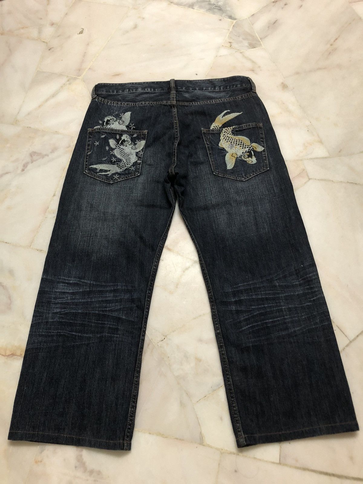 Japanese Brand RARE!! FISH KOI EMBROIDERED JEANS | Grailed