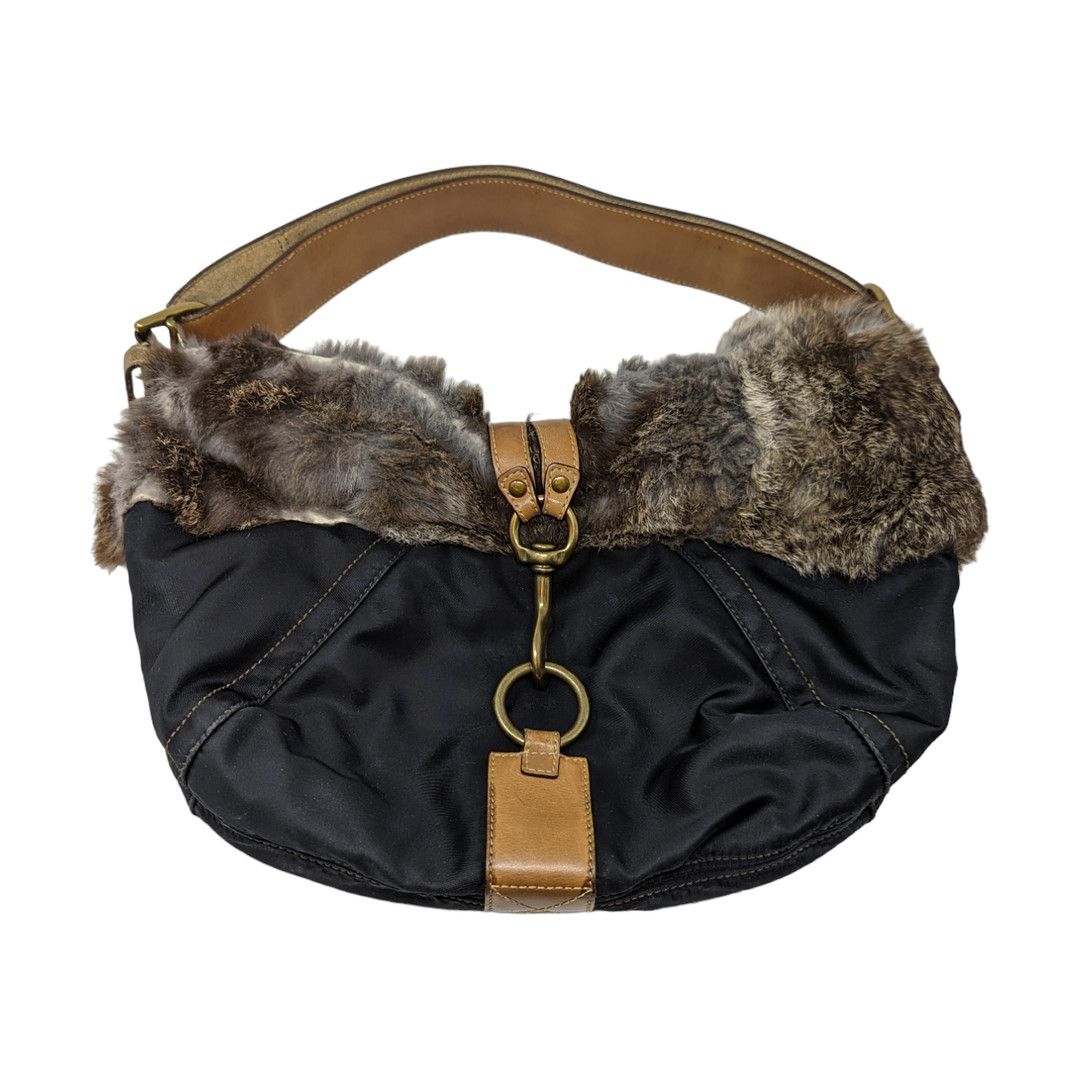 Coach Coach Fur Trimmed Nylon Shoulder Bag Black and Tan | Grailed