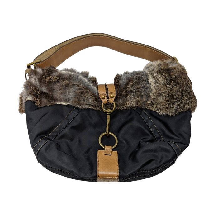 Coach Coach Fur Trimmed Nylon Shoulder Bag Black and Tan | Grailed