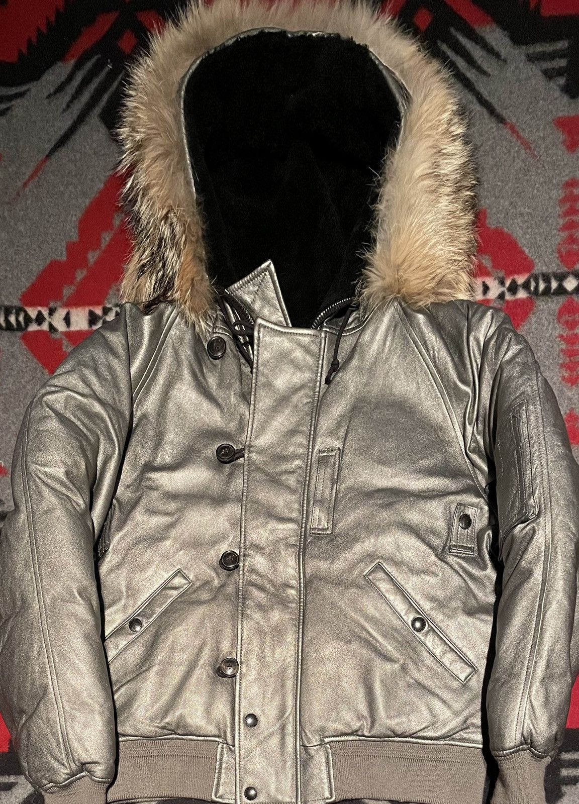 Polo Ralph Lauren Gunmetal Silver Leather Hooded Puffer Bomber Jacket ...