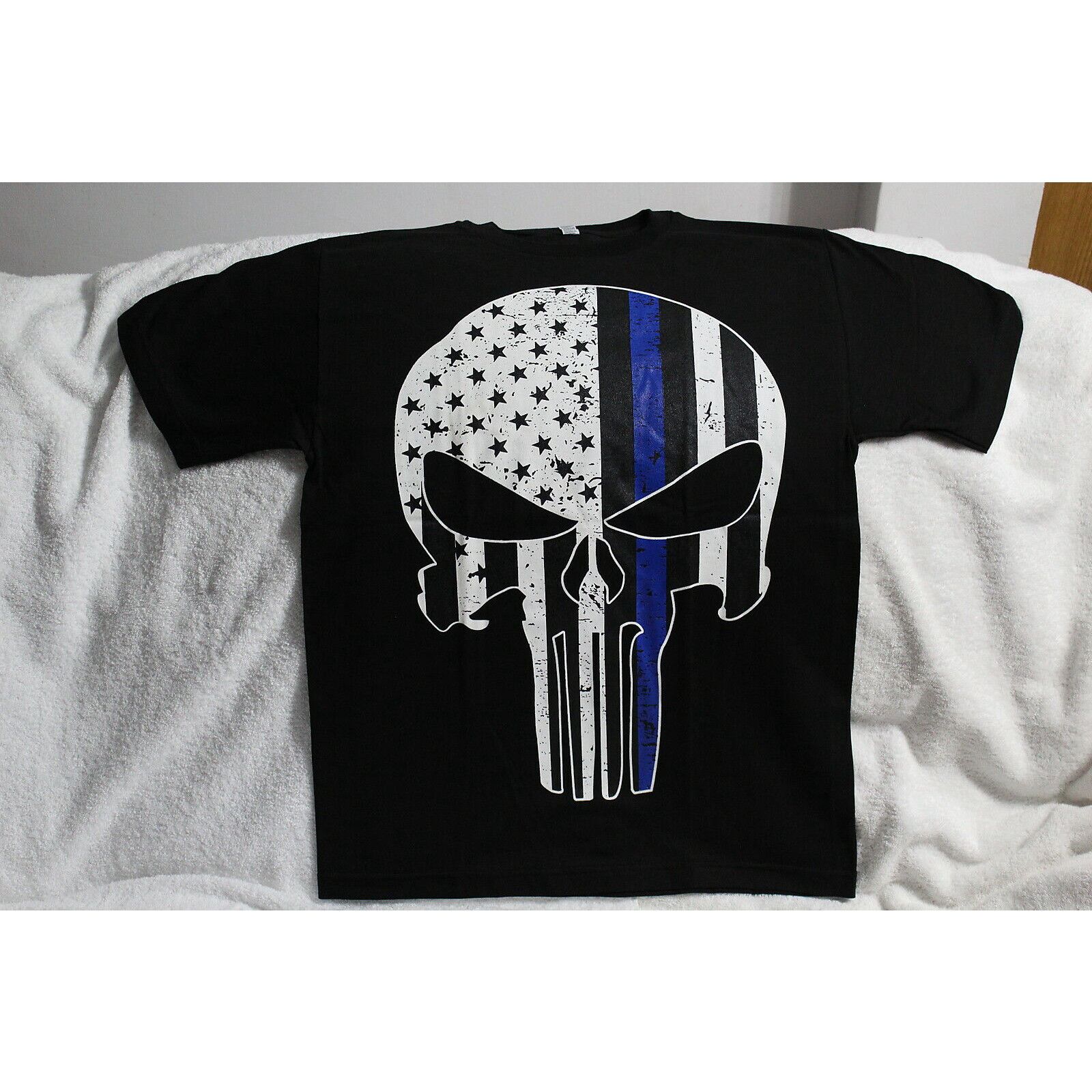 Police PUNISHER SKULL THIN BLUE LINE POLICE AMERICAN FLAG USA T-SHIRT ...