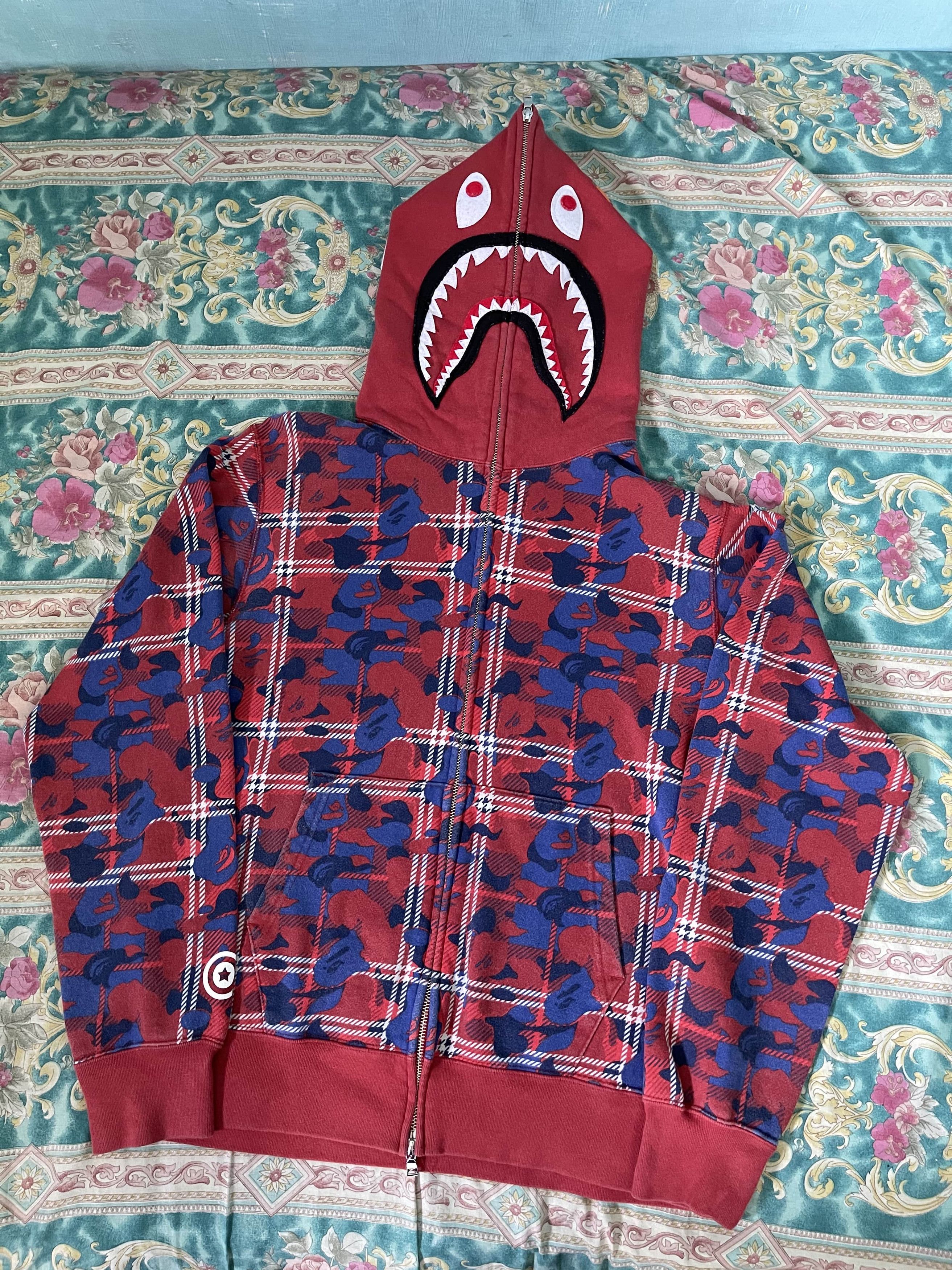 Bape Shark Hoodie Plaid Maroon | Grailed